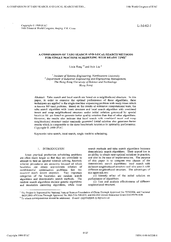 (PDF) A comparison of tabu search and local search methods for single machine scheduling with ...