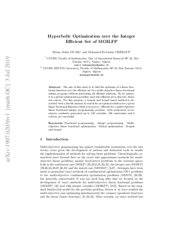 Pdf Hyperbolic Optimization Over The Integer Efficient Set Of Moilfp