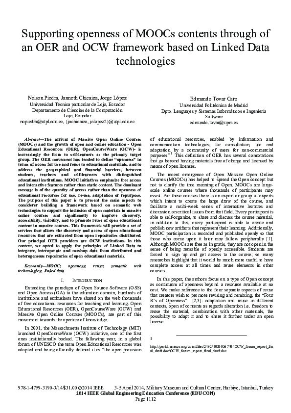 Pdf Supporting Openness Of Moocs Contents Through Of An Oer And Ocw Framework Based On Linked