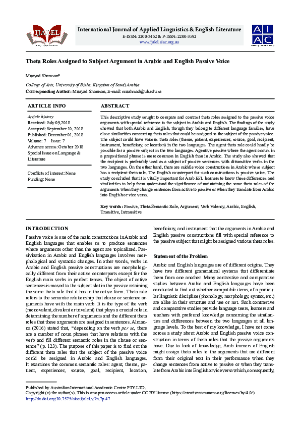 (PDF) Theta Roles Assigned to Subject Argument in Arabic and English ...