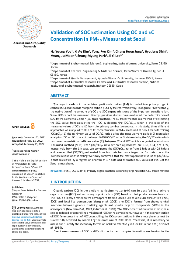 (PDF) Validation of SOC Estimation Using OC and EC Concentration in PM2 ...