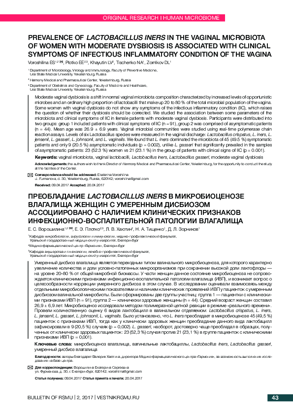 (PDF) Prevalence of Lactobacillus iners in the vaginal microbiota of ...