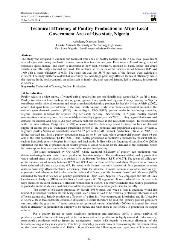 (PDF) Technical Efficiency of Poultry Production in Afijio Local ...
