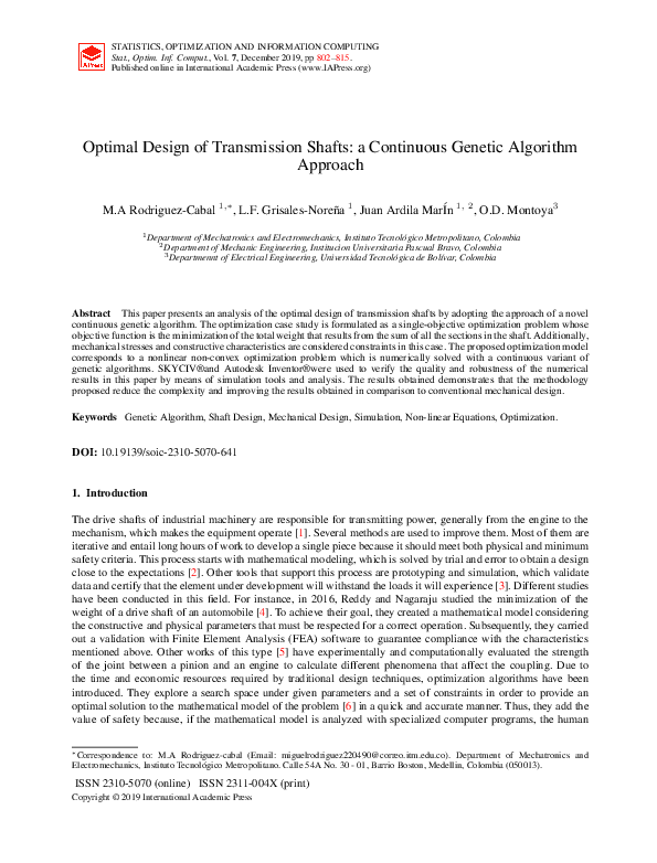 (PDF) Optimal Design of Transmission Shafts: a Continuous Genetic Algorithm Approach