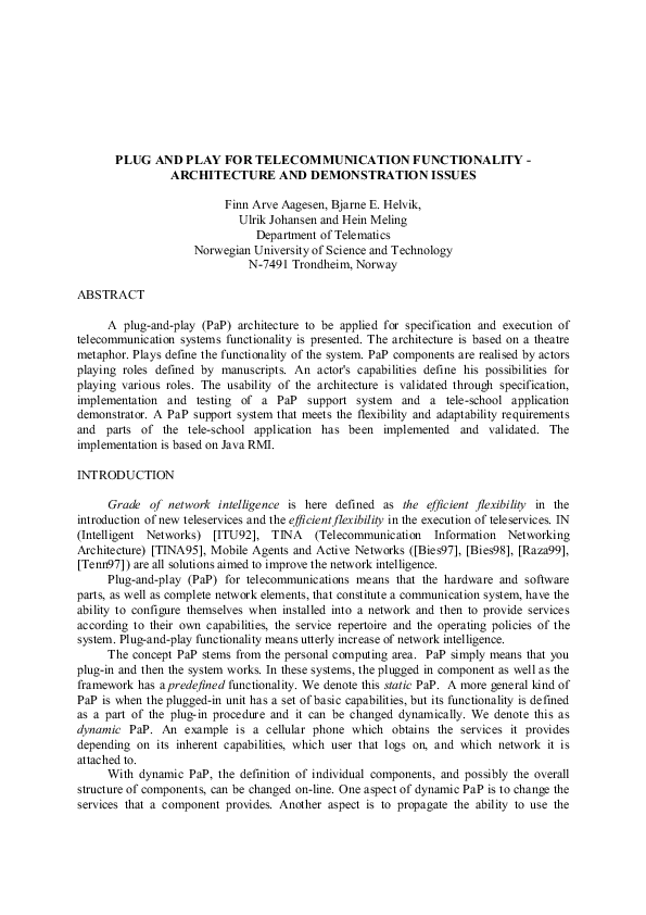 (PDF) Plug and Play for Telecommunication Functionality: Architecture ...