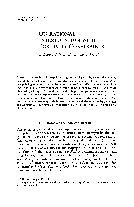 Pdf On Rational Interpolation With Positivity Constraints Umberto Viaro