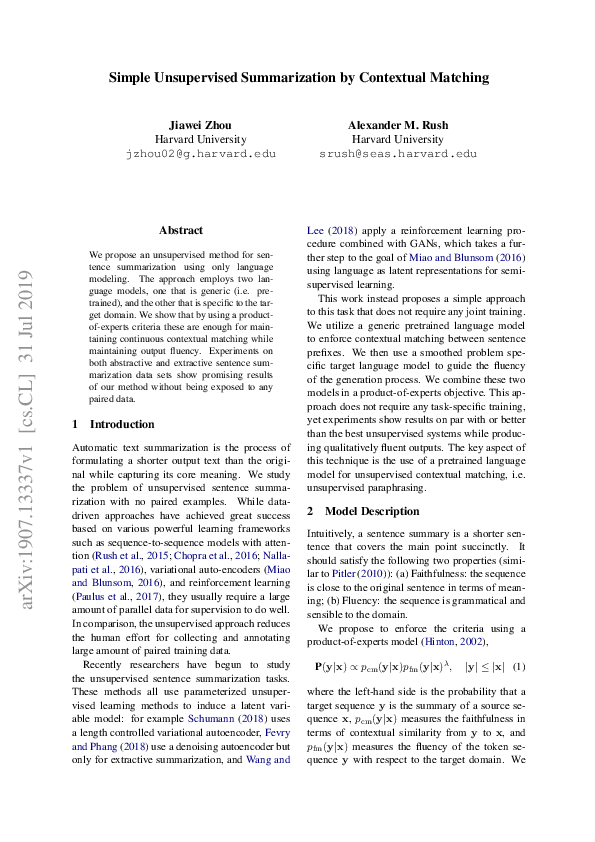 Pdf Simple Unsupervised Summarization By Contextual Matching