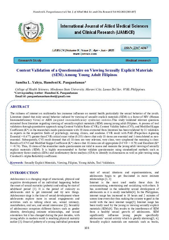Pdf Content Validation Of A Questionnaire On Viewing Sexually Explicit Materials Sem Among
