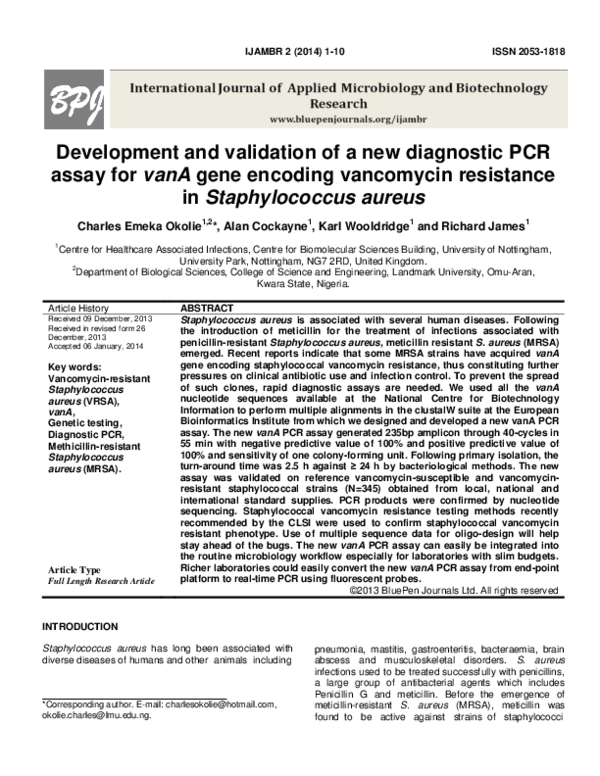 (PDF) Development and validation of a new diagnostic PCR assay for vanA gene encoding vancomycin ...