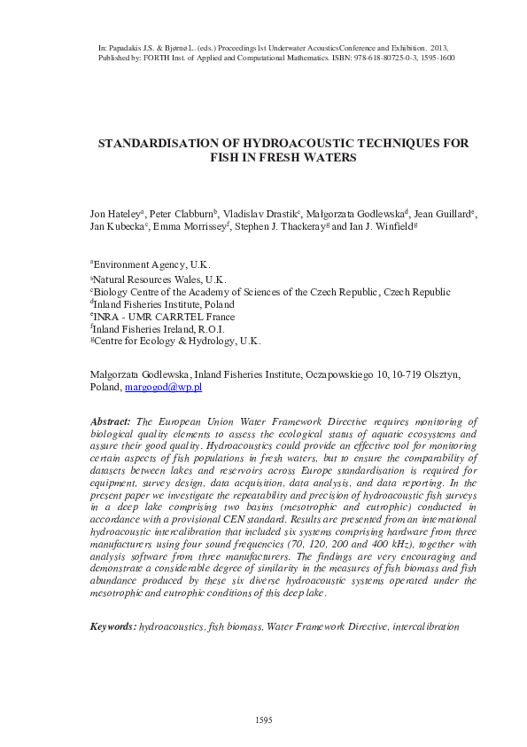 (PDF) Standardisation of hydroacoustic techniques for fish in fresh waters