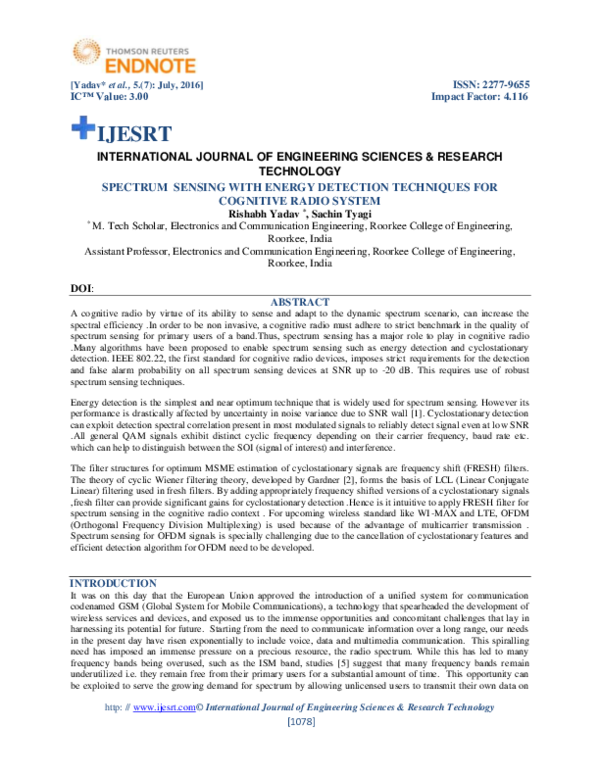(PDF) Spectrum Sensing with Energy Detection Techniques for Cognitive Radio System