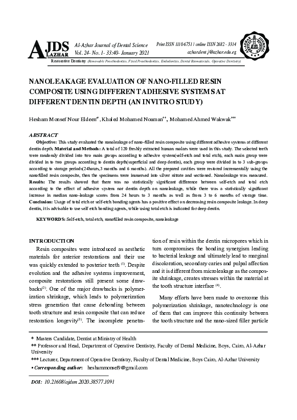 Pdf Nanoleakage Evaluation Of Nano Filled Resin Composite Using Different Adhesive Systems At