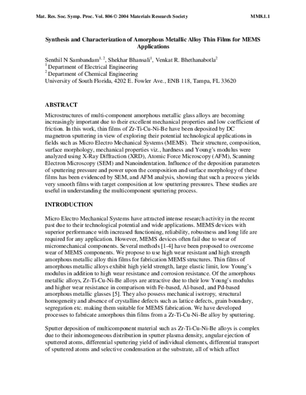 Synthesis and Characterization of Amorphous Metallic Alloy Thin Films ...