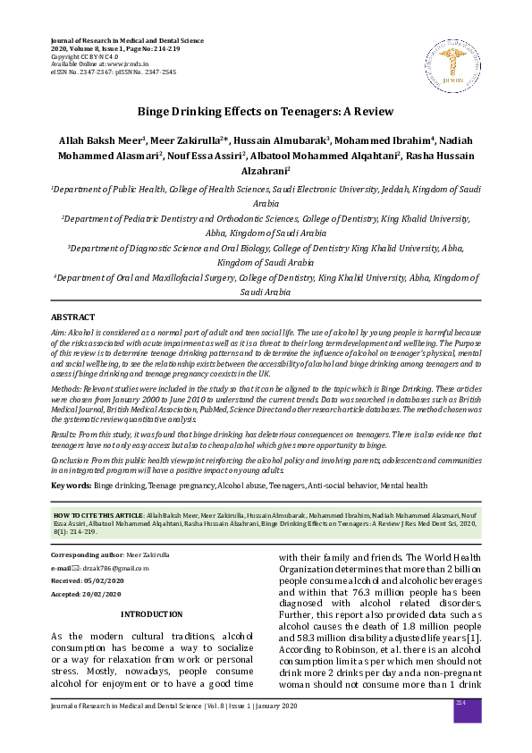 (PDF) Binge Drinking Effects on Teenagers: A Review