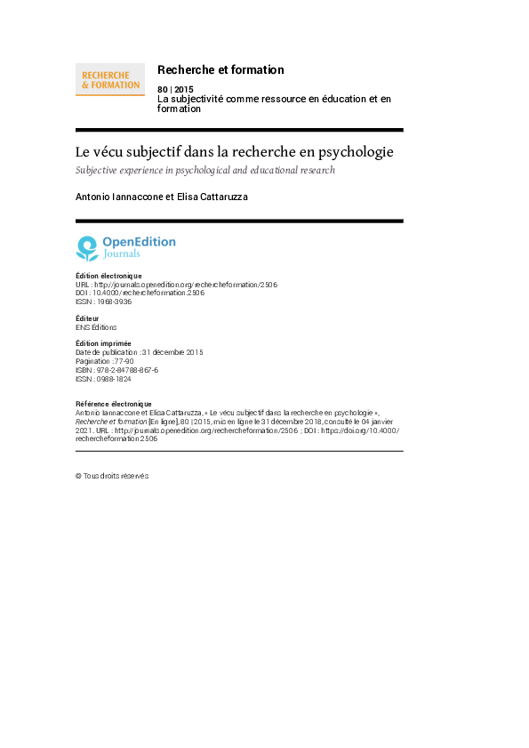 (PDF) Le vécu subjectif dans la recherche en psychologie
