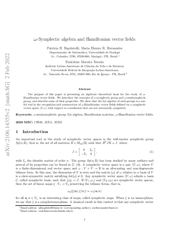 (PDF) $\omega$-Symplectic algebra and Hamiltonian vector fields ...