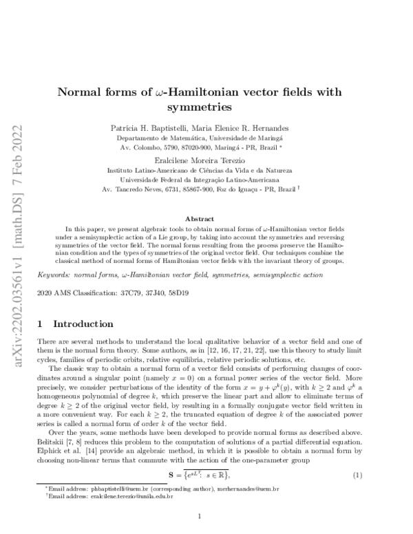 (PDF) Normal forms of $\omega$-Hamiltonian vector fields with symmetries