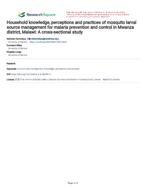 (PDF) Household knowledge, perceptions and practices of mosquito larval source management for ...