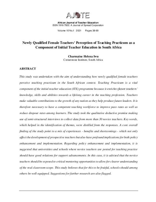 (PDF) Newly Qualified Female Teachers’ Perception of Teaching Practicum ...