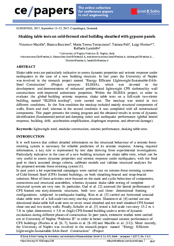 (PDF) Shaking table tests on cold-formed steel building sheathed with ...