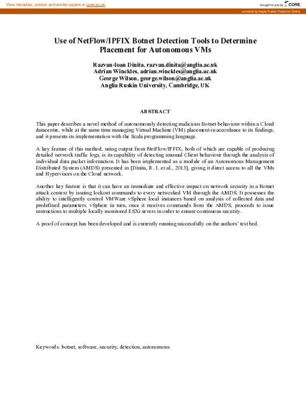 (PDF) Use of NetFlow/IPFIX Botnet Detection Tools to Determine Placement for Autonomous VMs