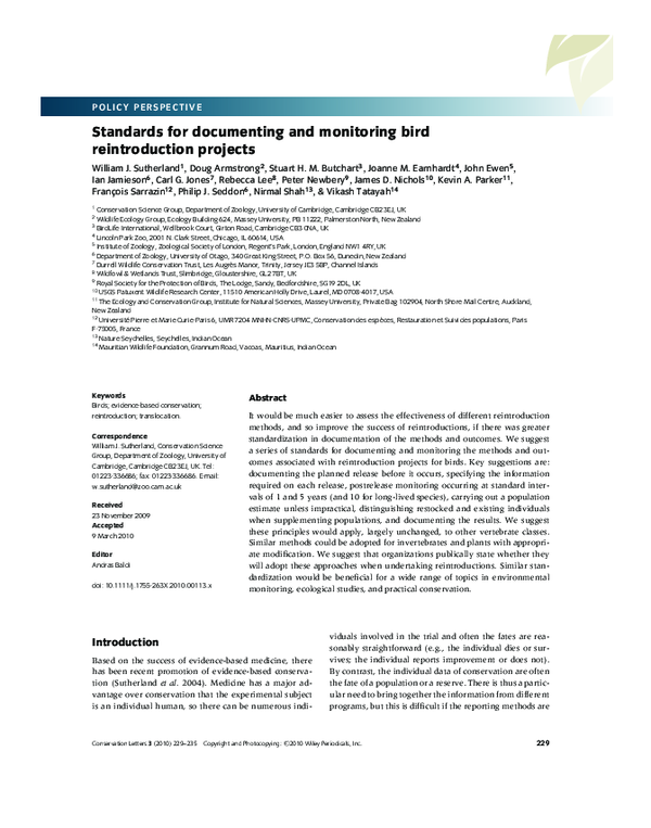(PDF) Standards for documenting and monitoring bird reintroduction projects