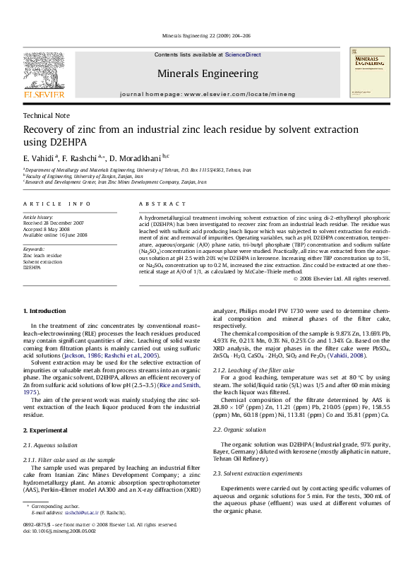 (PDF) Recovery of zinc from an industrial zinc leach residue by solvent ...