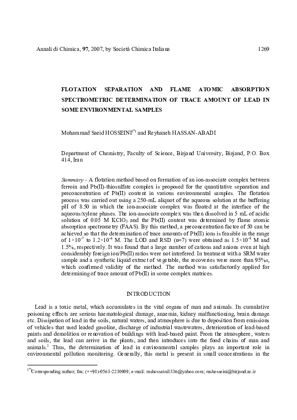 Pdf Flotation Separation And Flame Atomic Absorption Spectrometric Determination Of Trace