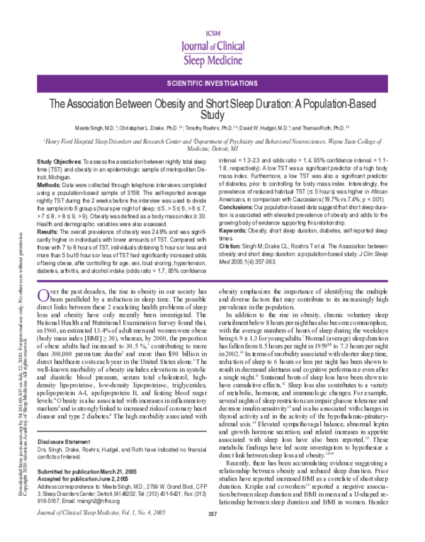 Pdf The Association Between Obesity And Short Sleep Duration A