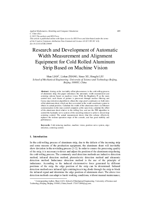 (PDF) Research and Development of Automatic Width Measurement and Alignment Equipment for Cold ...