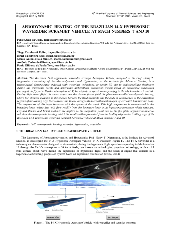 (PDF) Aerodynamic Heating of the Brazilian 14-X Hypersonic Waverider Scramjet Vehicle at Mach ...