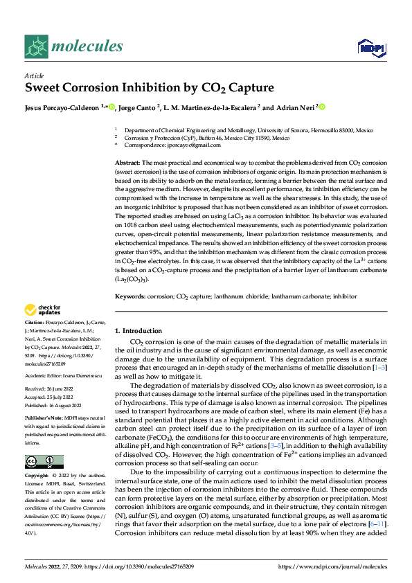 (PDF) Sweet Corrosion Inhibition by CO2 Capture
