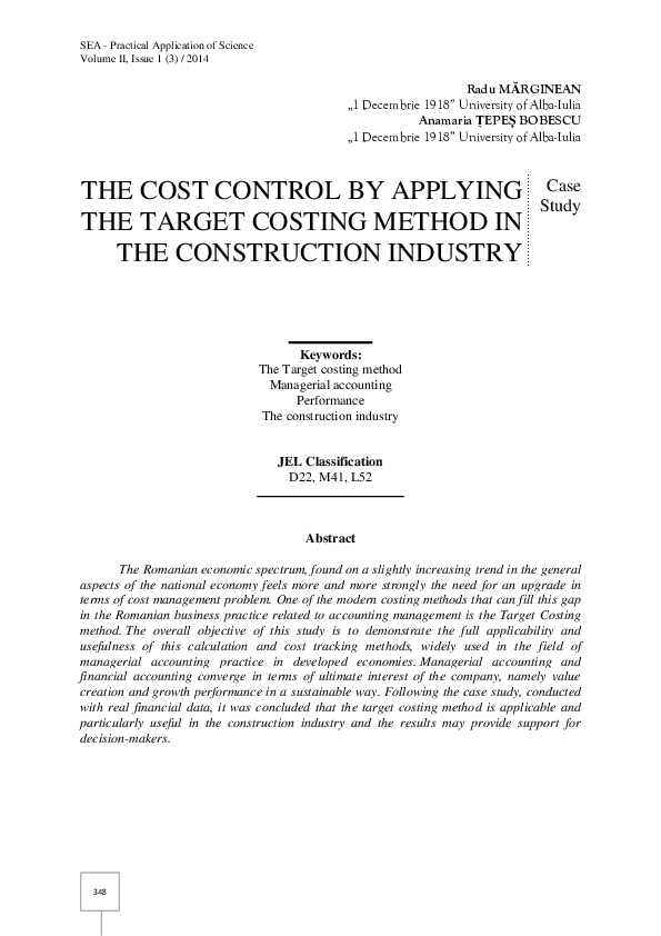 (PDF) The Cost Control By Applying The Target Costing Method In The ...