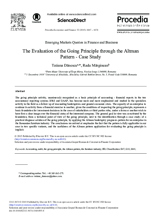 (PDF) The Evaluation of the Going Principle through the Altman Pattern ...
