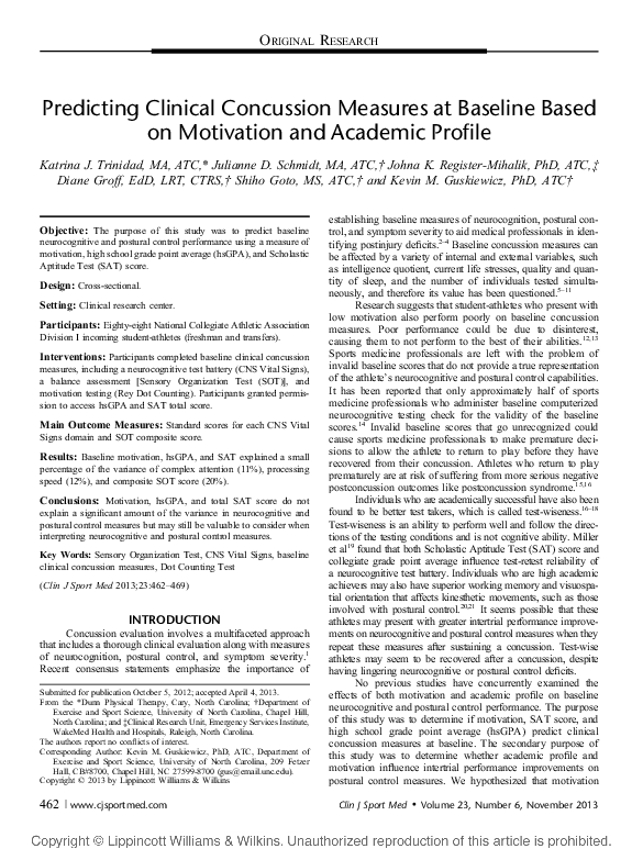 (PDF) Predicting Clinical Concussion Measures at Baseline Based on ...
