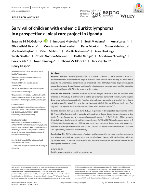 (PDF) Survival of children with endemic Burkitt lymphoma in a prospective clinical care project ...