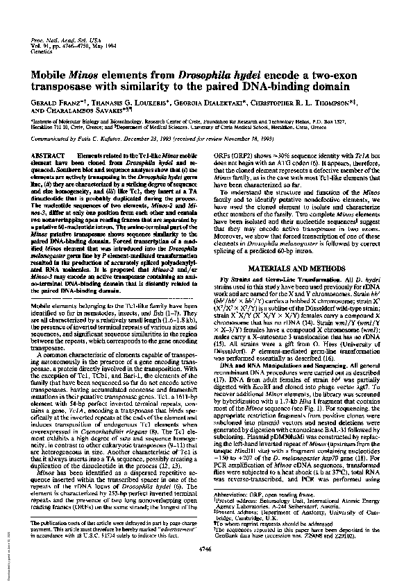 (PDF) Mobile Minos elements from Drosophila hydei encode a two-exon ...