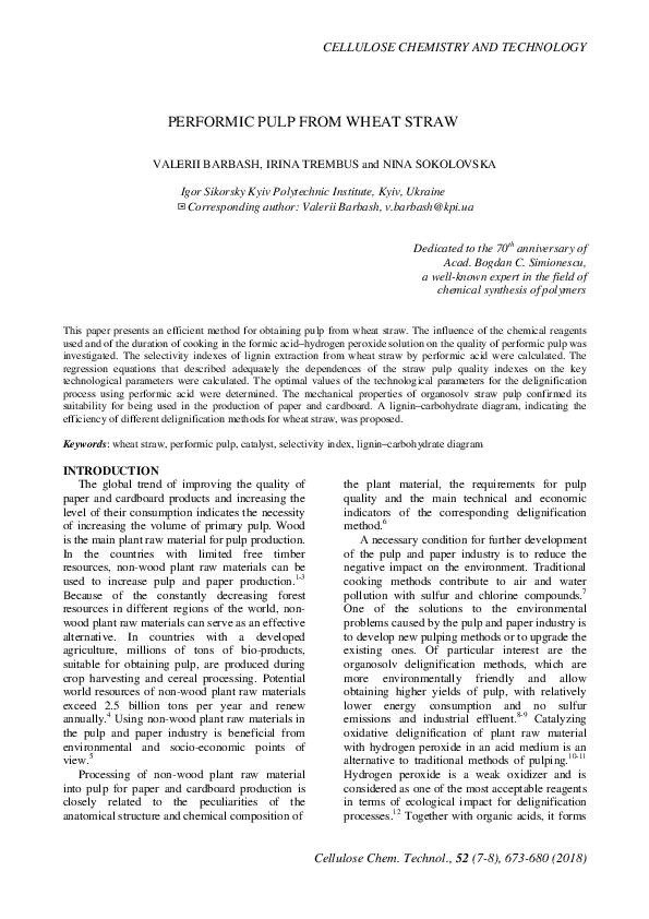 (PDF) Performic Pulp from Wheat Straw
