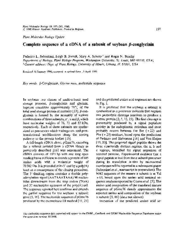 (PDF) Complete sequence of a cDNA of ? subunit of soybean ?-conglycinin