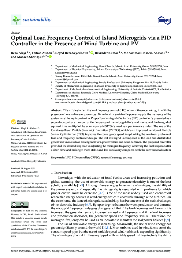 (PDF) Optimal Load Frequency Control of Island Microgrids via a PID Controller in the Presence ...