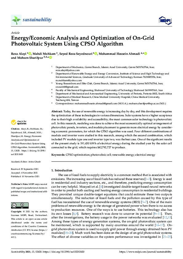 (PDF) Energy/Economic Analysis and Optimization of On-Grid Photovoltaic System Using CPSO Algorithm