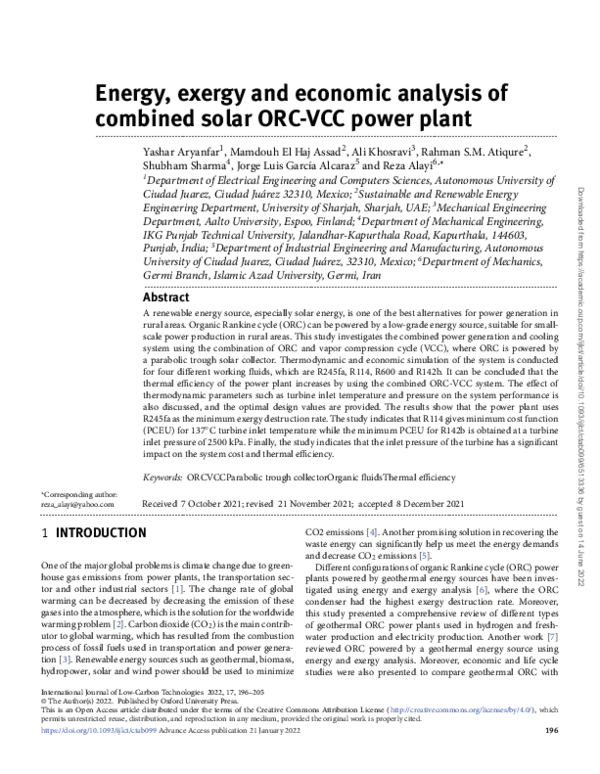 Pdf Energy Exergy And Economic Analysis Of Combined Solar Orc Vcc Power Plant