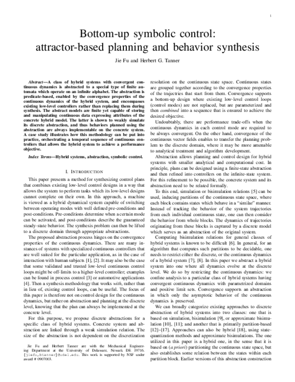 (PDF) Bottom-Up Symbolic Control: Attractor-Based Planning and Behavior Synthesis