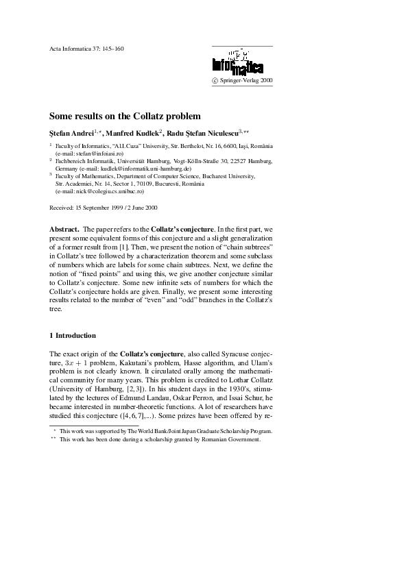 (PDF) Some results on the Collatz problem