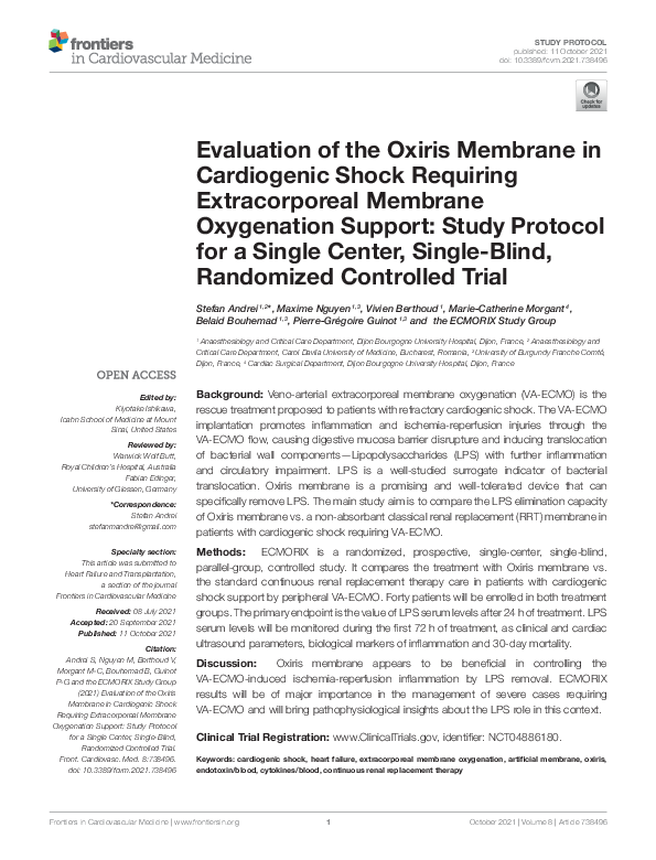 (PDF) Evaluation of the Oxiris Membrane in Cardiogenic Shock Requiring ...