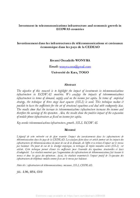 (PDF) Investissement dans les infrastructures de ttllcommunications et ...