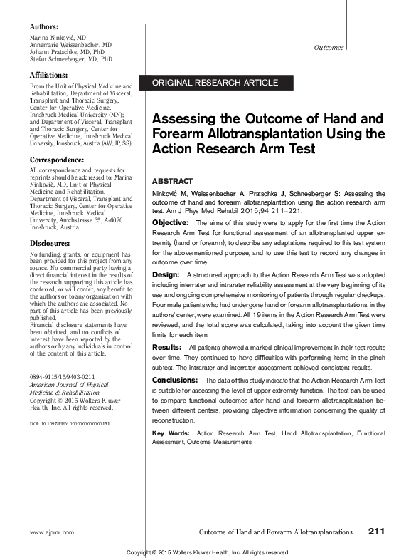 (PDF) Assessing the Outcome of Hand and Forearm Allotransplantation ...