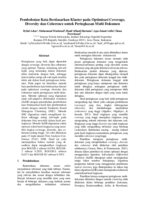(PDF) Pembobotan Kata Berdasarkan Klaster Pada Optimisasi Coverage, Diversity Dan Coherence ...