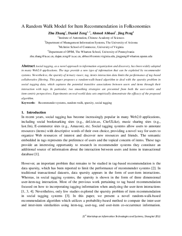 (PDF) A Random Walk Model for Item Recommendation in Folksonomies
