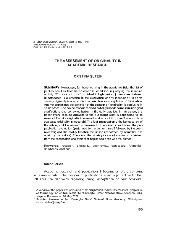 (PDF) THE ASSESSMENT OF ORIGINALITY IN ACADEMIC RESEARCH 1